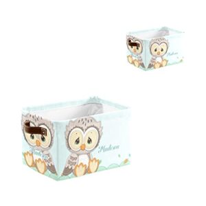 Woodland Owl Green Foldable Custom Personalized Name Storage Bins Basket Cubic Clothes Supplies Organizer,Durable Handle