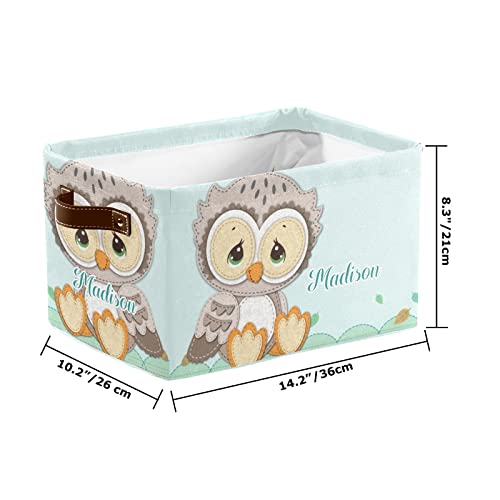 Woodland Owl Green Foldable Custom Personalized Name Storage Bins Basket Cubic Clothes Supplies Organizer,Durable Handle