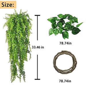 kathson Reptile Vine Plants,Flexible Green Plant Decor Hanging Vine Plant Climbing Terrarium Leaves Branch Habitat Accessory for Lizards Bearded Dragon Geckos  Snakes Chameleons (4 PCS)