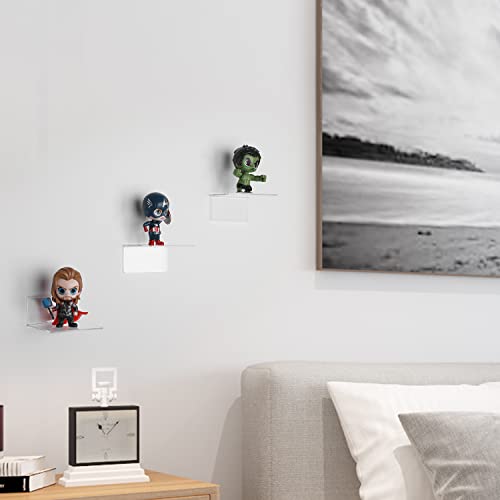 XBELMBER Small Adhesive Wall Shelves, 3-Pack Small Floating Shelf, 4-Inch Acrylic Display Ledges for Pop Figures, Mini Wall Decor, Plant, Compact Style No Drill Shelf - Clear