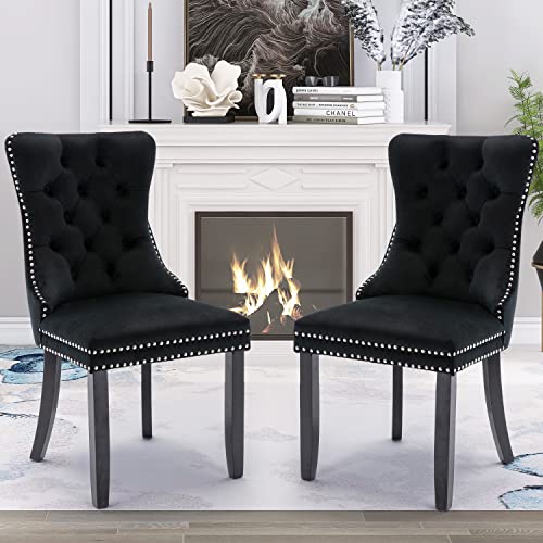 SoarFlash Velvet Dining Chairs Set of 2, Tall Back Side Chair, Modern Upholstered High-end Tufted Side Chair with Button Back Ring, Solid Wood Legs (Black)