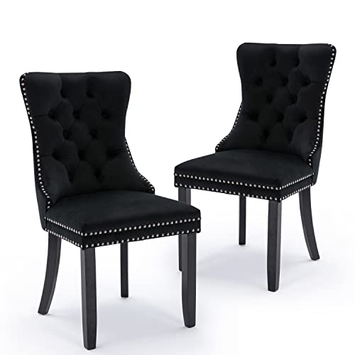 SoarFlash Velvet Dining Chairs Set of 2, Tall Back Side Chair, Modern Upholstered High-end Tufted Side Chair with Button Back Ring, Solid Wood Legs (Black)