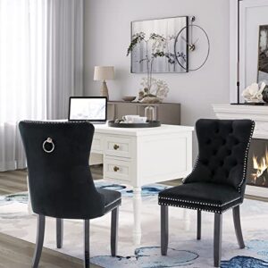 SoarFlash Velvet Dining Chairs Set of 2, Tall Back Side Chair, Modern Upholstered High-end Tufted Side Chair with Button Back Ring, Solid Wood Legs (Black)