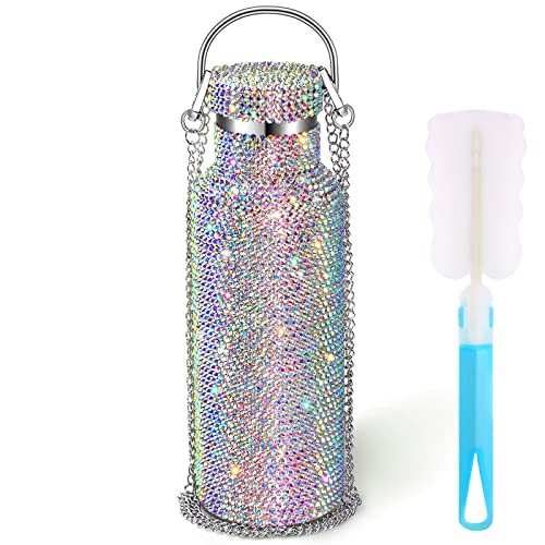 Colorful Diamond Water Bottle Bling Rhinestone Stainless Steel Thermal Bottle Refillable Water Bottle Insulated Water Bottle Glitter Water Bottle with Chain for Women(Silver,750 ml)