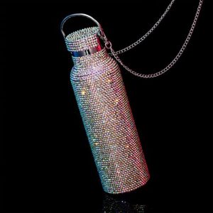 Colorful Diamond Water Bottle Bling Rhinestone Stainless Steel Thermal Bottle Refillable Water Bottle Insulated Water Bottle Glitter Water Bottle with Chain for Women(Silver,750 ml)