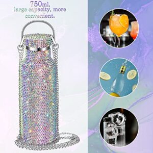 Colorful Diamond Water Bottle Bling Rhinestone Stainless Steel Thermal Bottle Refillable Water Bottle Insulated Water Bottle Glitter Water Bottle with Chain for Women(Silver,750 ml)