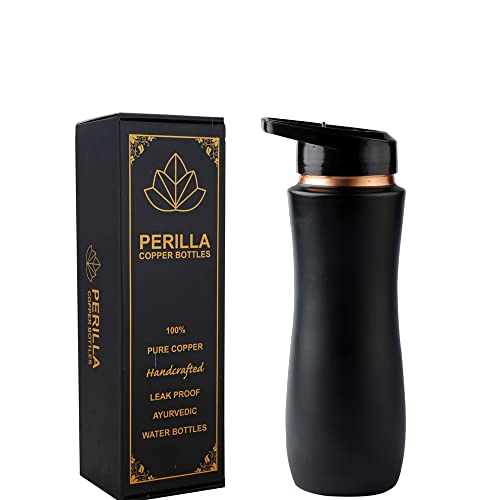 Perilla Home 100% Pure Copper Bottle with Sipper & Lid 25.37 Oz Ayurvedic Water Bottle Multipurpose Bottle for Gym, Travelling, Outdoors, Indoors Leak Proof (Black)