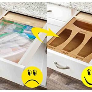 Bvalor Bamboo Ziplock Bag Storage Organizer - 4 Separate Baggie box for kitchen Drawer - Food Storage Bag - Suitable for Gallon, Quart, Sandwich and Snack - Single Piece Design