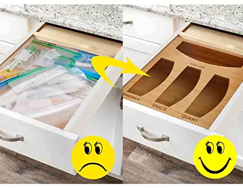 Bvalor Bamboo Ziplock Bag Storage Organizer - 4 Separate Baggie box for kitchen Drawer - Food Storage Bag - Suitable for Gallon, Quart, Sandwich and Snack - Single Piece Design