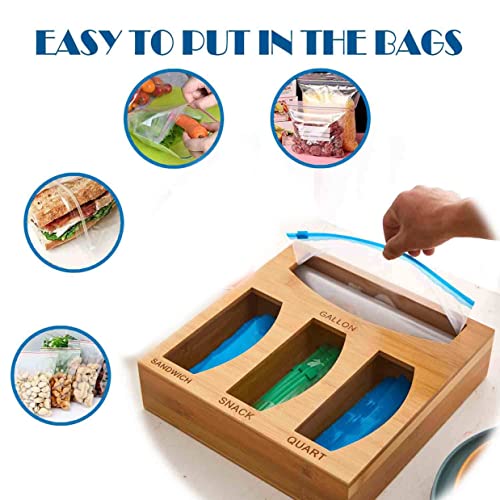 Bvalor Bamboo Ziplock Bag Storage Organizer - 4 Separate Baggie box for kitchen Drawer - Food Storage Bag - Suitable for Gallon, Quart, Sandwich and Snack - Single Piece Design