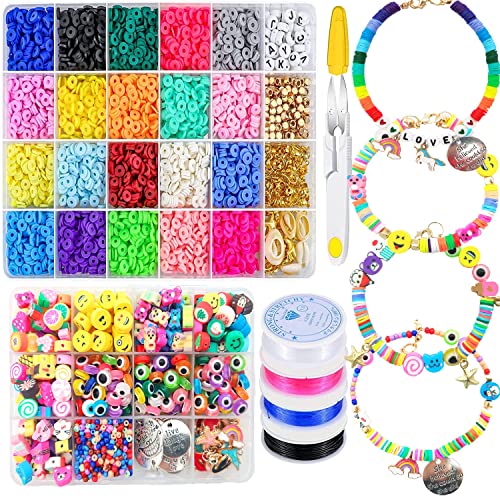 Wakestar Clay Beads Bracelet Making Kit,Flat Round 6mm Clay Beads for Jewelry Making with Pendant Charms Kit,Art Crafts Gift Sets for Girls Ages 3 4 5 6 7 8 9 10 11 12