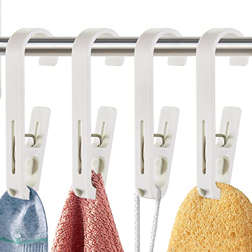 XoYoZo Laundry Hooks with Clips Hanger Closet Organizer Clamps Socks Boot Bras Towels for Bathroom Wardrobe Kitchen Office 4Pcs (White)