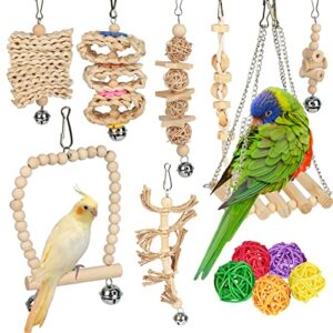 bird parrot toys swing hanging, xuxn bird parrot toys 13 packs, natural wood chewing toy bird cage toys, parrot hammock bell toys suitable for small parakeets, cockatiels, conures, parrots, love birds