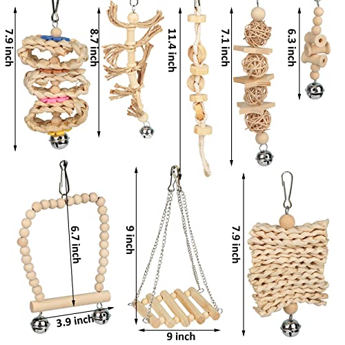 Bird Parrot Toys Swing Hanging, XUXN Bird Parrot Toys 13 Packs, Natural Wood Chewing Toy Bird Cage Toys, Parrot Hammock Bell Toys Suitable for Small Parakeets, Cockatiels, Conures, Parrots, Love Birds