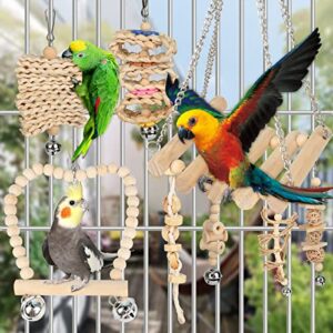 Bird Parrot Toys Swing Hanging, XUXN Bird Parrot Toys 13 Packs, Natural Wood Chewing Toy Bird Cage Toys, Parrot Hammock Bell Toys Suitable for Small Parakeets, Cockatiels, Conures, Parrots, Love Birds