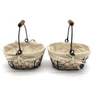 CVHOMEDECO. Primitives Country Chicken Wire Small Gift Baskets Gathering Baskets with Wooden Handle and Fabric Liner. Set of 2 (Oval)