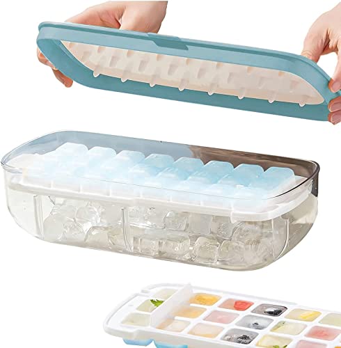 LittleStar Ice Tray with Lid and Bin-Updated Press Plate Easy Release Ice Cubes Double Layers Ice Makers For 48pcs Ice Cubes BPA Free (Blue)