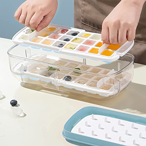 LittleStar Ice Tray with Lid and Bin-Updated Press Plate Easy Release Ice Cubes Double Layers Ice Makers For 48pcs Ice Cubes BPA Free (Blue)