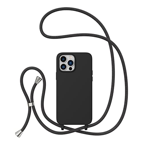 ZTOFERA Crossbody Case for iPhone 13 Pro Max 6.7 inch with Lanyard Strap Adjustable Rope Liquid Silicone Soft Cover Black