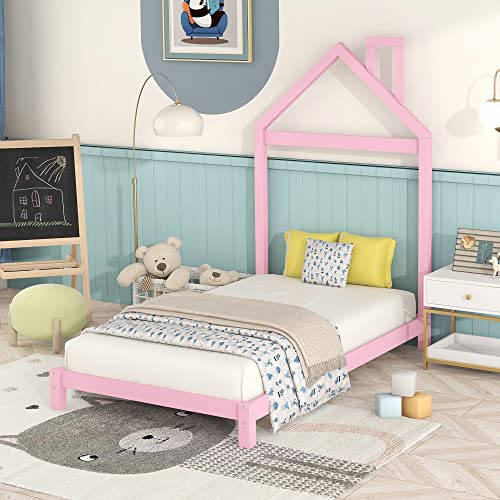 Twin Bed Frame for Kids, Wood Platform Bed with House Shape Headboard, Low Twin Size Bed for Girls Boys, No Box Spring Needed, Pink