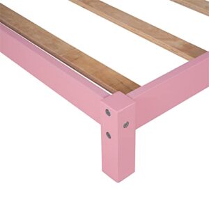 Twin Bed Frame for Kids, Wood Platform Bed with House Shape Headboard, Low Twin Size Bed for Girls Boys, No Box Spring Needed, Pink