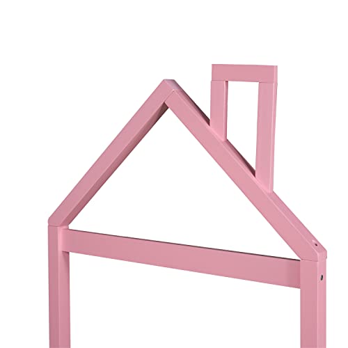 Twin Bed Frame for Kids, Wood Platform Bed with House Shape Headboard, Low Twin Size Bed for Girls Boys, No Box Spring Needed, Pink