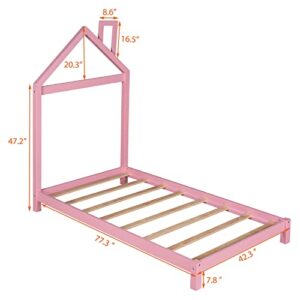 Twin Bed Frame for Kids, Wood Platform Bed with House Shape Headboard, Low Twin Size Bed for Girls Boys, No Box Spring Needed, Pink