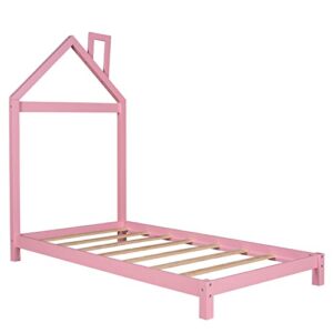 Twin Bed Frame for Kids, Wood Platform Bed with House Shape Headboard, Low Twin Size Bed for Girls Boys, No Box Spring Needed, Pink