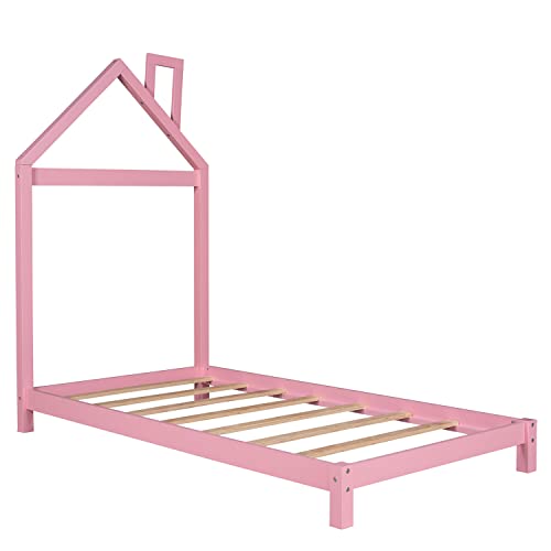 Twin Bed Frame for Kids, Wood Platform Bed with House Shape Headboard, Low Twin Size Bed for Girls Boys, No Box Spring Needed, Pink