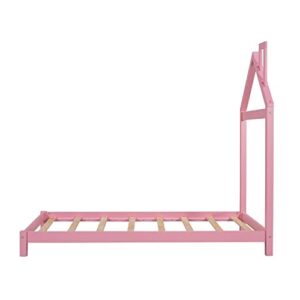 Twin Bed Frame for Kids, Wood Platform Bed with House Shape Headboard, Low Twin Size Bed for Girls Boys, No Box Spring Needed, Pink