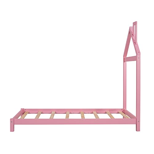 Twin Bed Frame for Kids, Wood Platform Bed with House Shape Headboard, Low Twin Size Bed for Girls Boys, No Box Spring Needed, Pink