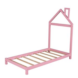 Twin Bed Frame for Kids, Wood Platform Bed with House Shape Headboard, Low Twin Size Bed for Girls Boys, No Box Spring Needed, Pink