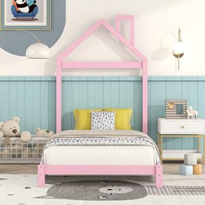 Twin Bed Frame for Kids, Wood Platform Bed with House Shape Headboard, Low Twin Size Bed for Girls Boys, No Box Spring Needed, Pink