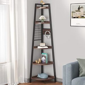 kingfun 72 inch corner shelf, 5 tier tall corner bookshelf with hooks, wood & metal corner bookcase, corner ladder shelf decor for living room, bedroom, bathroom, kitchen, home office (brown)