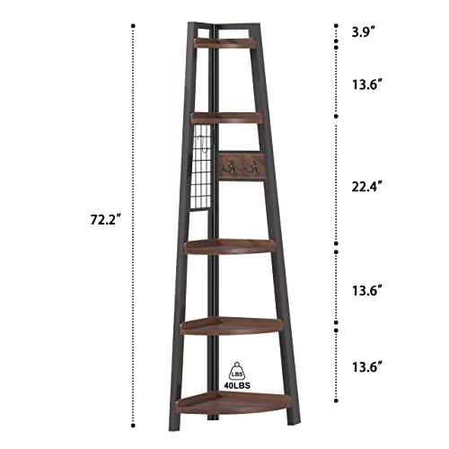 Kingfun 72 Inch Corner Shelf, 5 Tier Tall Corner Bookshelf with Hooks, Wood & Metal Corner Bookcase, Corner Ladder Shelf Decor for Living Room, Bedroom, Bathroom, Kitchen, Home Office (Brown)