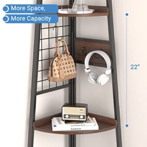 Kingfun 72 Inch Corner Shelf, 5 Tier Tall Corner Bookshelf with Hooks, Wood & Metal Corner Bookcase, Corner Ladder Shelf Decor for Living Room, Bedroom, Bathroom, Kitchen, Home Office (Brown)