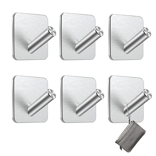 Sticky Hook Adhesive Hooks Hooks for Hanging Wall Hanger Towel Hooks Door Hooks Waterproof Stainless Steel Adhesive Towel Hooks Bathroom Adhesive Hook– 6 Pack