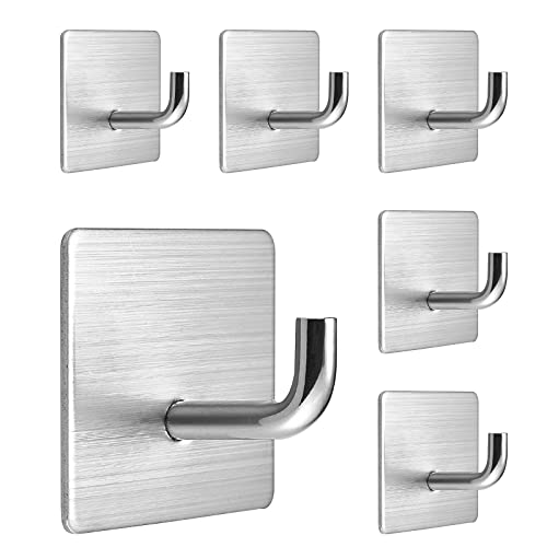 Adhesive Hooks 6 Pack Stainless Steel Sticky Hooks Waterproof for Handing Heavy Duty Use to Towel/Key/Bathroom/Kitchan/Home/Office