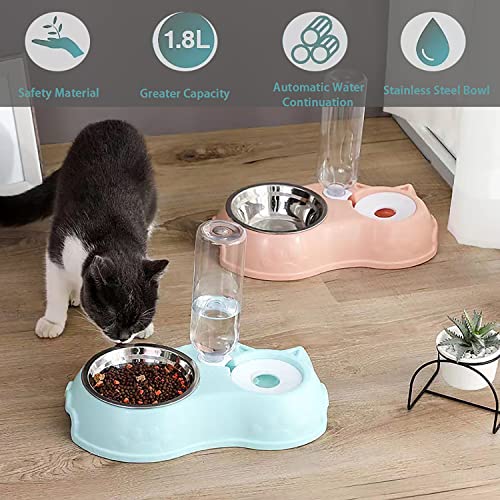 Pets Water and Food Bowl Set, Double Dog Cat Bowls Water and Food Bowl Set with Automatic Waterer Bottle for Small or Medium Size Dogs Cats, Non Slip Anti Spill Stable Separation Design