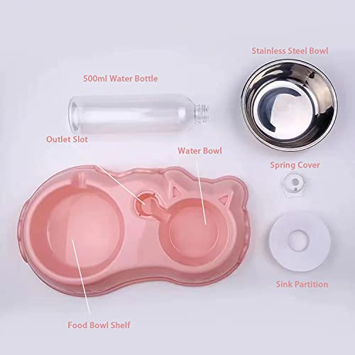 Pets Water and Food Bowl Set, Double Dog Cat Bowls Water and Food Bowl Set with Automatic Waterer Bottle for Small or Medium Size Dogs Cats, Non Slip Anti Spill Stable Separation Design