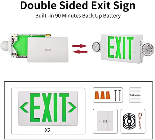 JW LIGHTING LED Exit Signs with Emergency Lights, Double Sided Adjustable LED Emergency Combo Light with Backup Battery, Hard Wired, Commercial Grade, 120-277V, Fire Resistant (UL 924) Green 6 Pack