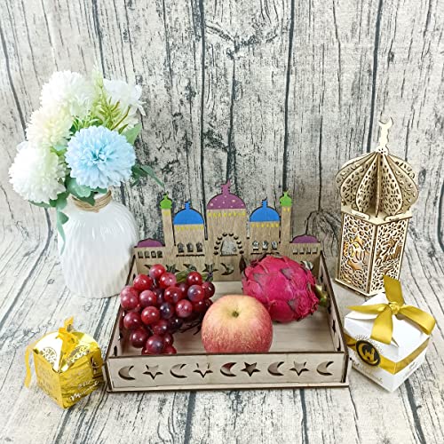 KYMY Wooden Eid Mubarak Dessert Tray,Muslim Rectangle Wooden Plate Tray for Islamic Ramadan Festival Party,Dessert Food Fruit Wooden Storage Tableware for Ramadan and EID Mubarak Decorations