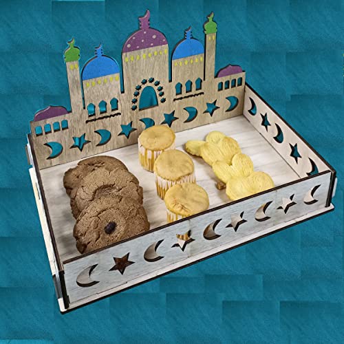 KYMY Wooden Eid Mubarak Dessert Tray,Muslim Rectangle Wooden Plate Tray for Islamic Ramadan Festival Party,Dessert Food Fruit Wooden Storage Tableware for Ramadan and EID Mubarak Decorations