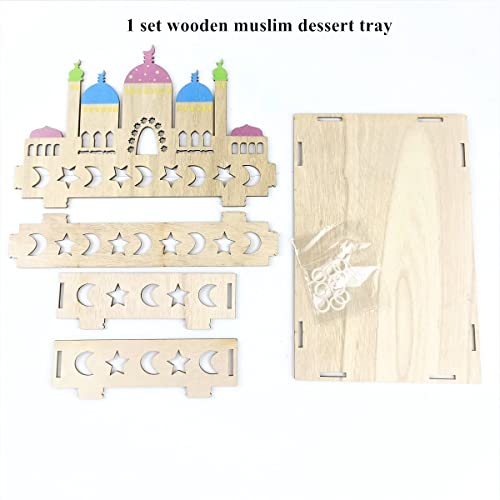 KYMY Wooden Eid Mubarak Dessert Tray,Muslim Rectangle Wooden Plate Tray for Islamic Ramadan Festival Party,Dessert Food Fruit Wooden Storage Tableware for Ramadan and EID Mubarak Decorations