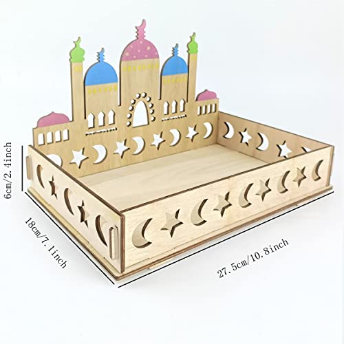 KYMY Wooden Eid Mubarak Dessert Tray,Muslim Rectangle Wooden Plate Tray for Islamic Ramadan Festival Party,Dessert Food Fruit Wooden Storage Tableware for Ramadan and EID Mubarak Decorations