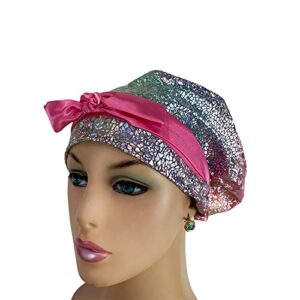 European Style Ribbon – Tie-Dye Holographic. - Scrub Hat for Women & Men tie Back | Working Cap with Holder. Bouffant, Scrub Hats for Women, Unisex Surgical Caps, Nurses Hats | Dr. Hats