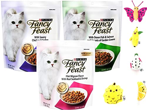 Fancy Feast Gourmet Dry Cat Food (3) Flavor Variety Pack (Filet Mignon, Ocean Fish and Salmon, Chicken and Turkey) Plus Aurora Pet Catnip Toy