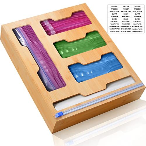 Numola Ziplock Bag Storage Organizer with Wrap Dispenser, Zipper Bag Organizer Compatible with Gallon, Quart, Sandwich, Snack Bags of Most Sizes and Rolls Less Than 12" (1 Box 5 Slots)