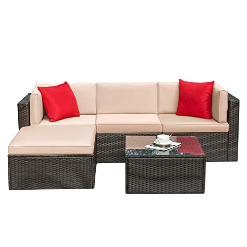 Greesum GS-LCRF5-1OT0-1AS0-BG 5 Pieces Patio Furniture Sets Outdoor-Indoor Sectional Wicker Rattan Sofa with Cushions, Pillows & Glass Table, Light Beige