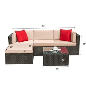 Greesum GS-LCRF5-1OT0-1AS0-BG 5 Pieces Patio Furniture Sets Outdoor-Indoor Sectional Wicker Rattan Sofa with Cushions, Pillows & Glass Table, Light Beige